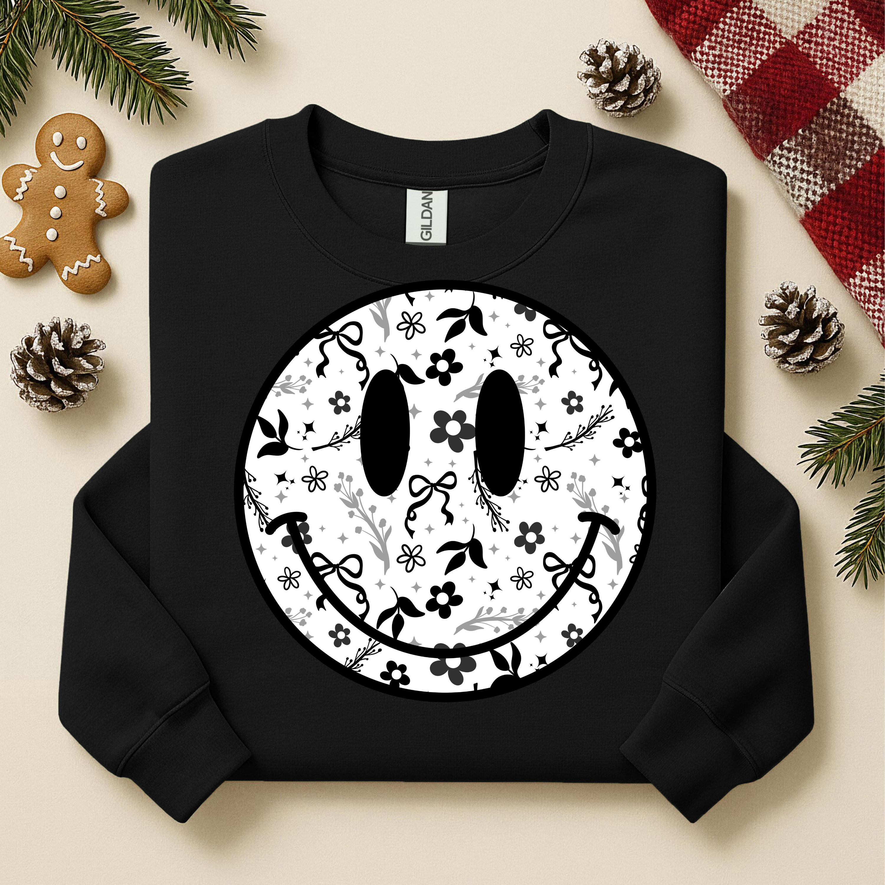 2052 - Black & White Floral Smiley – Sabrina’s Shirt Shack